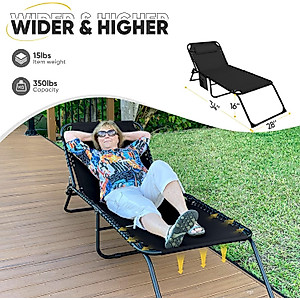 EZCHEER Oversize Folding Chaise Lounge Outdoor, 16 inch Extra High Patio Camping Sunbathing Recliner, Support 350lbs Lay Flat Pool Beach Lawn Chair with Storage Bag, Black
