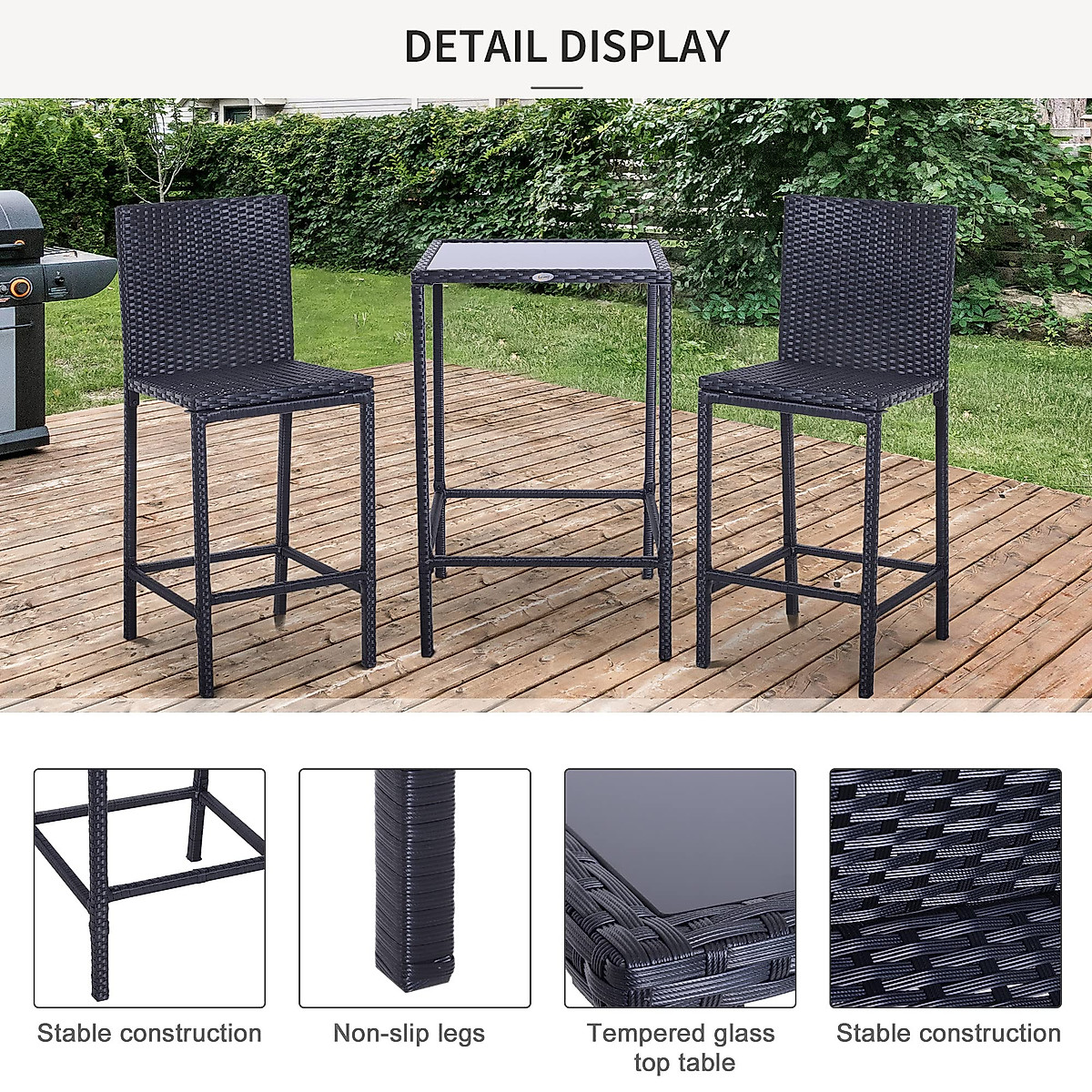 Outsunny 3pcs Rattan Bar Set with Glass Top Table, 2 Bar Stools for Outdoor, Patio, Garden, Poolside, Backyard