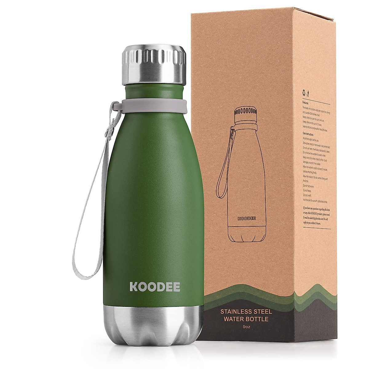 koodee Kids Water Bottle for School, 9 oz Stainless Steel Double Wall Vacuum Insulated Water Bottle for Back to School, Cola Shape Leak Proof Sports Flask (Grass Green)