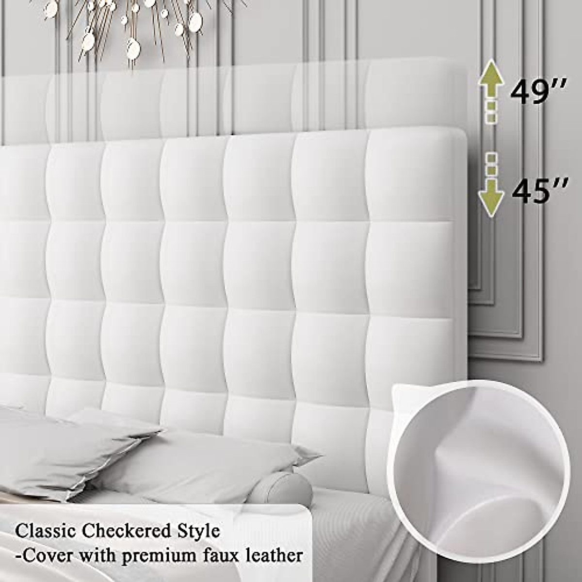 Feonase King Size Bed Frame with Square Stitched Headboard, Faux Leather Upholstered Platform Bed Frame, High-Density Sponge Filled, Solid Wood Slats, No Box Spring Needed, Noise-Free, White