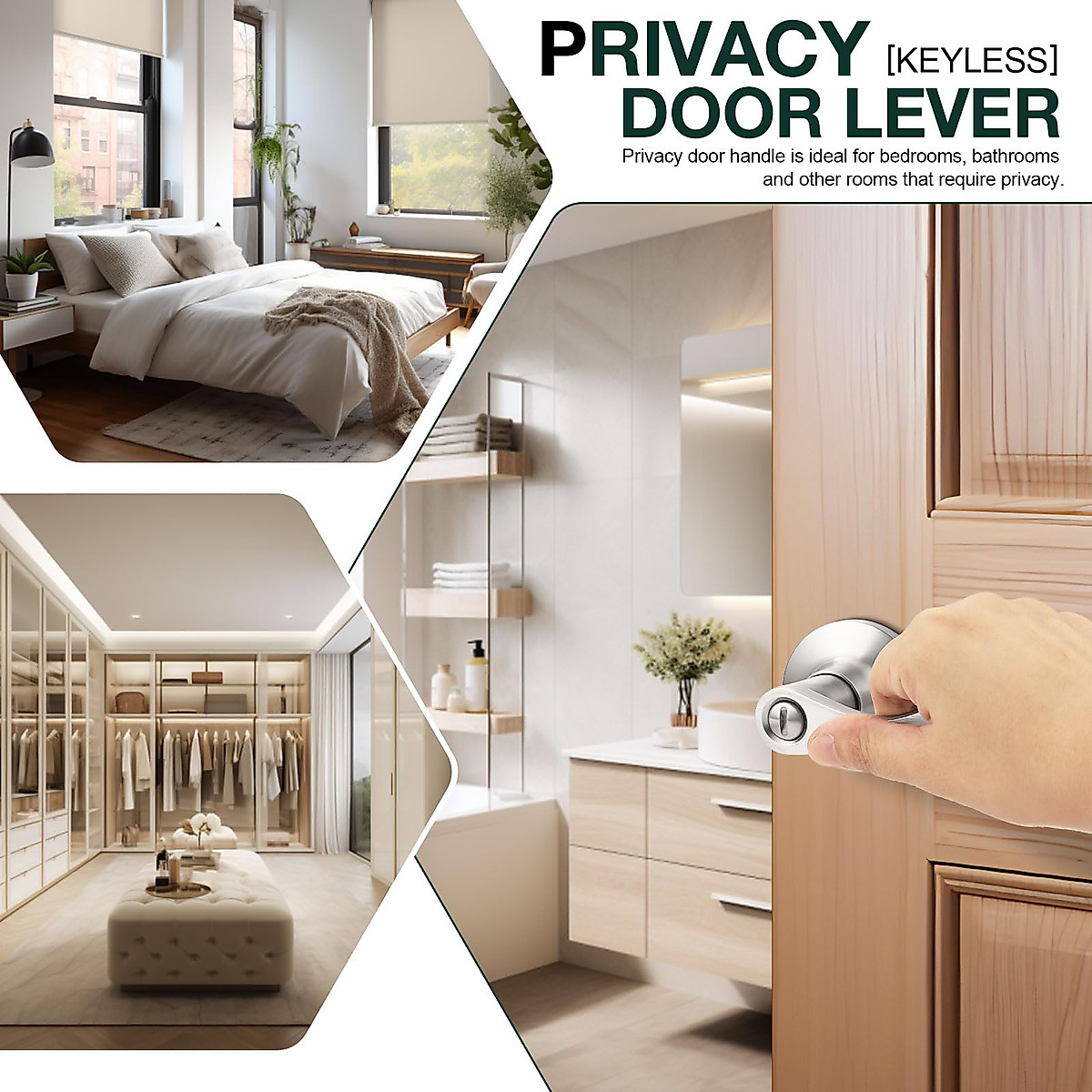 GOBEKOR 10 Pack Privacy Door Levers Bedroom Door Handle with Lock Satin Nickel Interior Door Handles Keyless Door Lock Wave Bed/Bath Lever