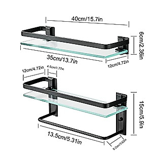 Ddtohan 15.7 Inches Glass Bathroom Shelf, Floating Shelves with Rail and Towel Bar, 2- Tier 8mm Thick Tempered Glass Wall Mounted Shower Storage for Bathroom, Office, Laundry Room