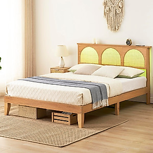 GAOMON Queen Bed Frame with Natural Rattan Headboard, Queen Size Platform Bed Frame with LED Lights and Rattan Headboard, Wooden Support Legs, No Box Spring Needed, Easy Assembly