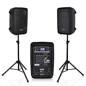 Pyle PA Speaker DJ Mixer Bundle - 300 W Portable Wireless Bluetooth Sound System w/ USB SD XLR 1/4" RCA Inputs - Dual Speaker, Mixer, Microphone, Stand, Cable - Home/Outdoor Party - PPHP28AMX,Black