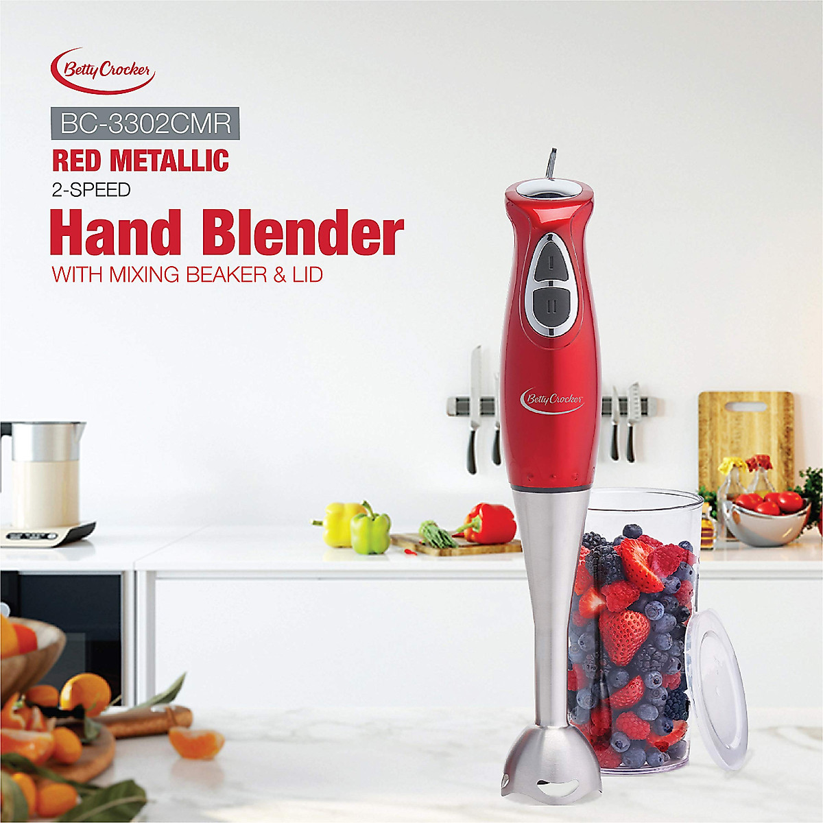 Betty Crocker WACBC3302CMR Hand Blender with Mixing Beaker and Lid, One Size, Red