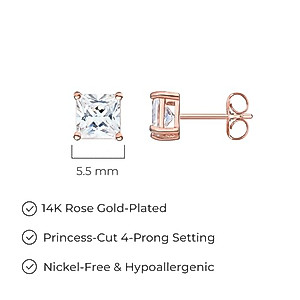 Amazon Essentials Rose Gold Plated Sterling Silver Princess Cut Cubic Zirconia Stud Earrings (5.5mm)