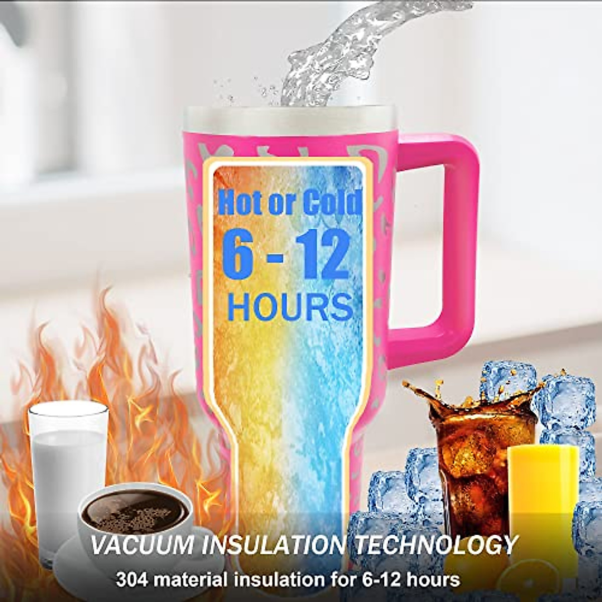 40 oz Tumbler with Handle and Straw with lid Leopard Stainless Steel Thermos Mug Coffee Cup Outdoor Sports Travel Sippy Mug Gift 1st (rose red)