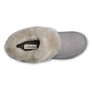 OLUKAI Ku'i Women's Slipper, Soft Full-Grain Leather & Wool Blend Footbed, Wet Grip Soles for Inside & Outside Wear, Cute & Comfortable Slip-On, Fog/Mist Grey, 7