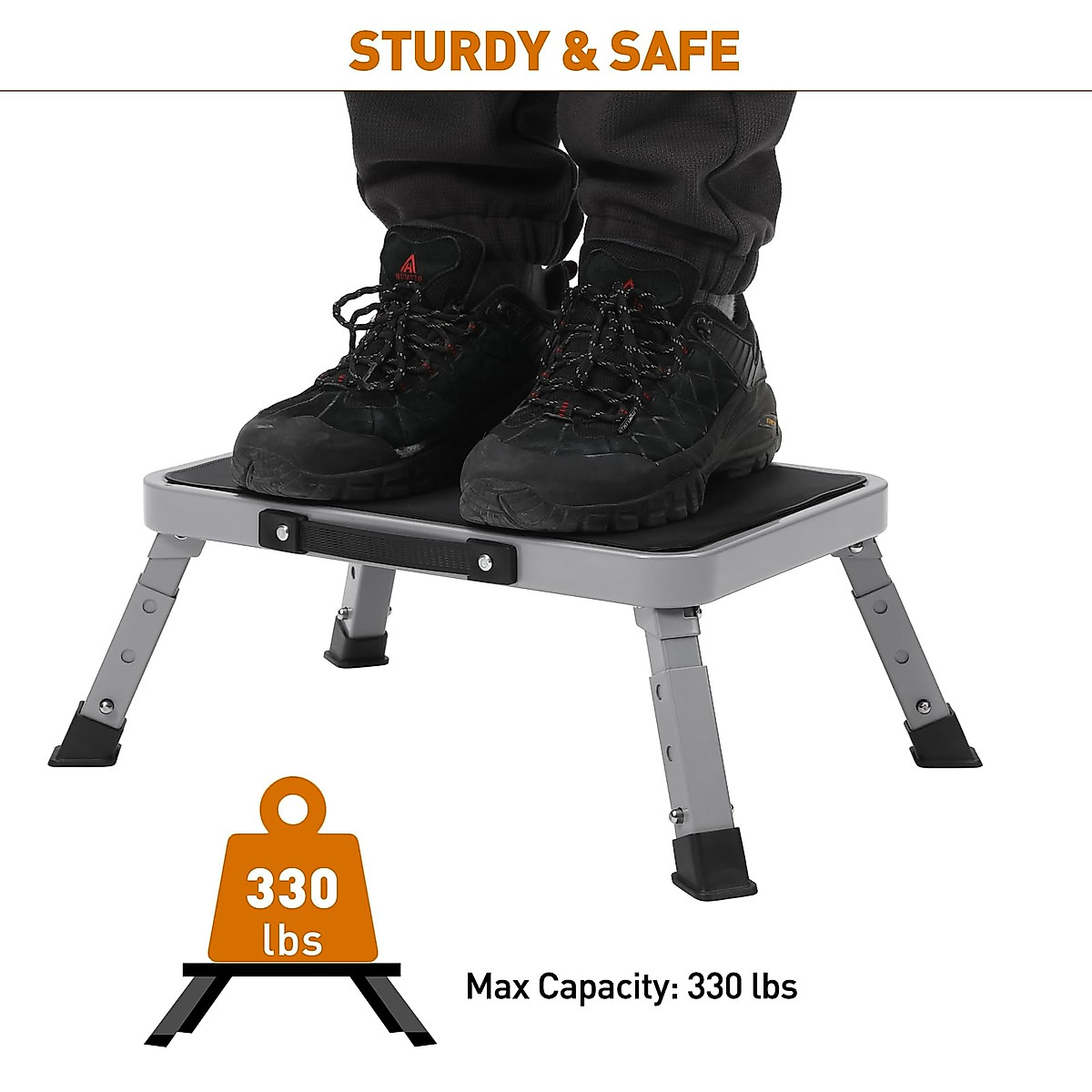 BOCOM One Step Stool, Height-Adjustable Lightweight Portable Folding Small Metal Step Ladder with Handgrip, Non-Slip Platform, Heavy Duty 330 lbs Capacity, for Home, Kitchen, Closet, RV, Adults Kids