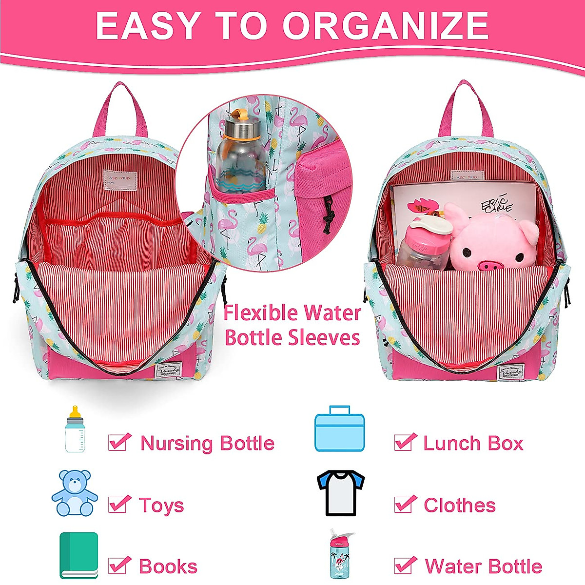 VASCHY Kids Backpack for Little Girls, Preschool Backpacks for Toddler with Chest Strap Cute Pineapple Flamingos