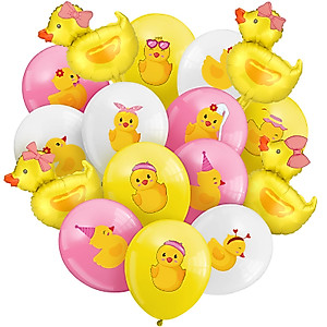 Sratte 40 Pcs Duck Balloon Rubber Duck Party Decorations 12 Inch Duck Shape Foil Balloons Blue Pink Yellow White Latex Balloon for Baby Shower Rubber Duck Themed Birthday Party Supplies (Bowknot)
