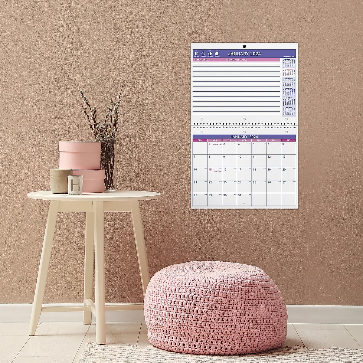 2024 Calendar - 2024 Wall Calendar, JAN. 2024 - DEC. 2024, 11" x 8.5", 12 Monthly Calendar 2024 with Twin-Wire Binding + Hanging Hook + Unuled Blocks with Julian Dates - Purple