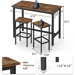 Mr IRONSTONE Bar Table and Chairs Set, 47.2 Inch Bar Table Set, Bar Height Table with 2 Bar Stools, 3 Pieces Industrial Dinning Table Sets for Party, Kitchen, Living Room, Dining Room