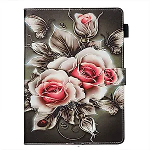 UUcovers Smart Cover for 8" Amazon Kindle Fire HD 8 Tablet 2018/2017/2016 Case 8th/7th/6th Generation with Pencil Holder, PU Leather Magnetic Folio Stand Card Wallet [Auto Wake/Sleep], Black Rose