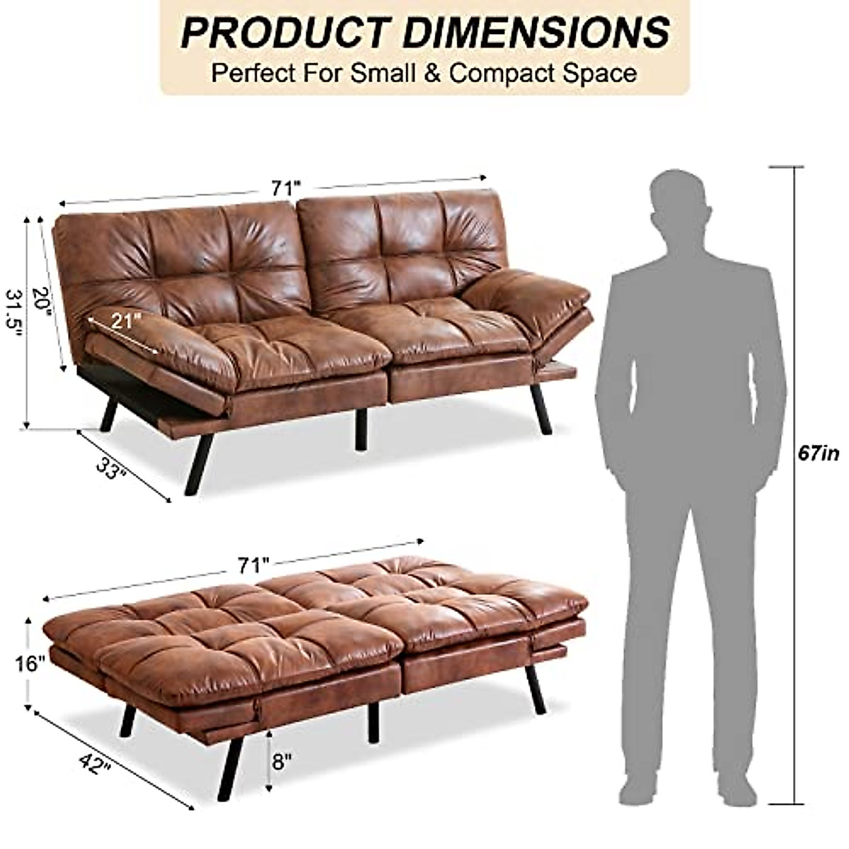 Opoiar Futon Sofa Bed Couch Sleeper Sofa Convertible Small Love Seat Memory Foam Brown Faux Leather Sofa for Living Room Apartment Office, Easy to Assemble, Great Addition