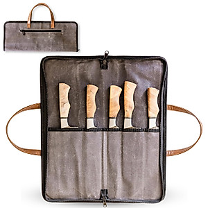 Knife Bag - Durable Waxed Canvas Chef Bag with zipper pocket & 5 slots for knives and kitchen tools, Knife roll for Knives & Kitchen Tools - Knife case for travel