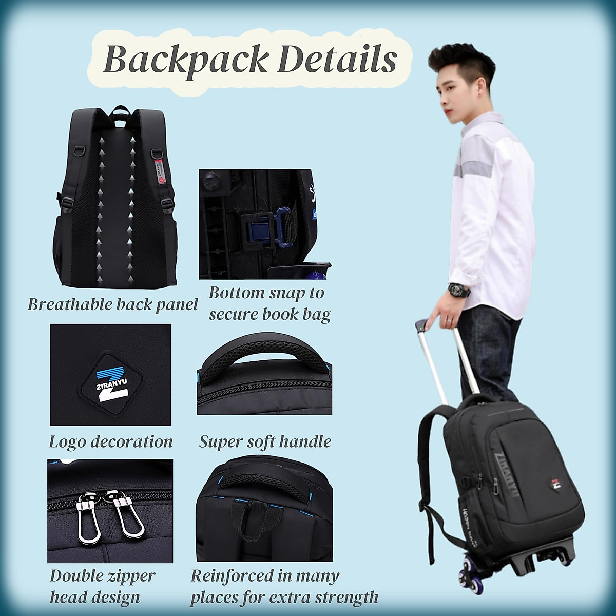 Elementary Trolley Backpack Senior High School Rolling Carry-on Luggage BookBag with Wheels for Teens