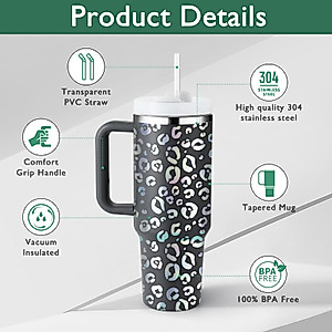 Ochapa 40 oz Tumbler with Handle Leopard Straw Lid Insulated Stainless Steel Vacuum Reusable Cup Holder Friendly Keep Drinks Cold Gifts for Women Lover Car Gym Travel, Cheetah Gray