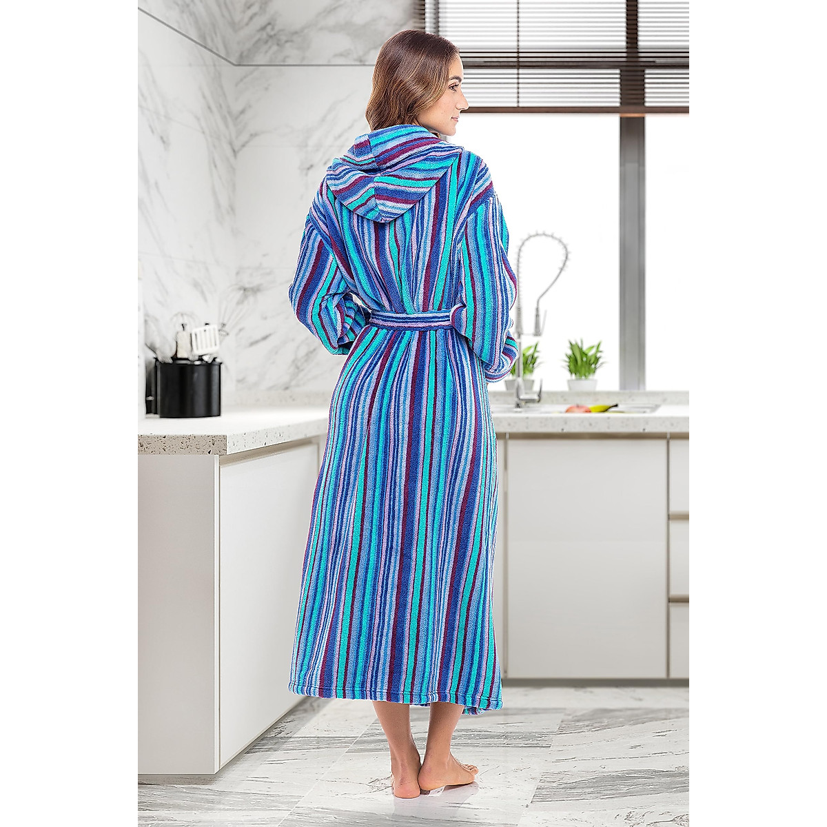 Alexander Del Rossa Women's Robes, Long Plush Bathrobe, Womens Robe with Hood, Hooded Robes for Women Plus Size Robe The Blues Striped XL (A0116ABQXL)
