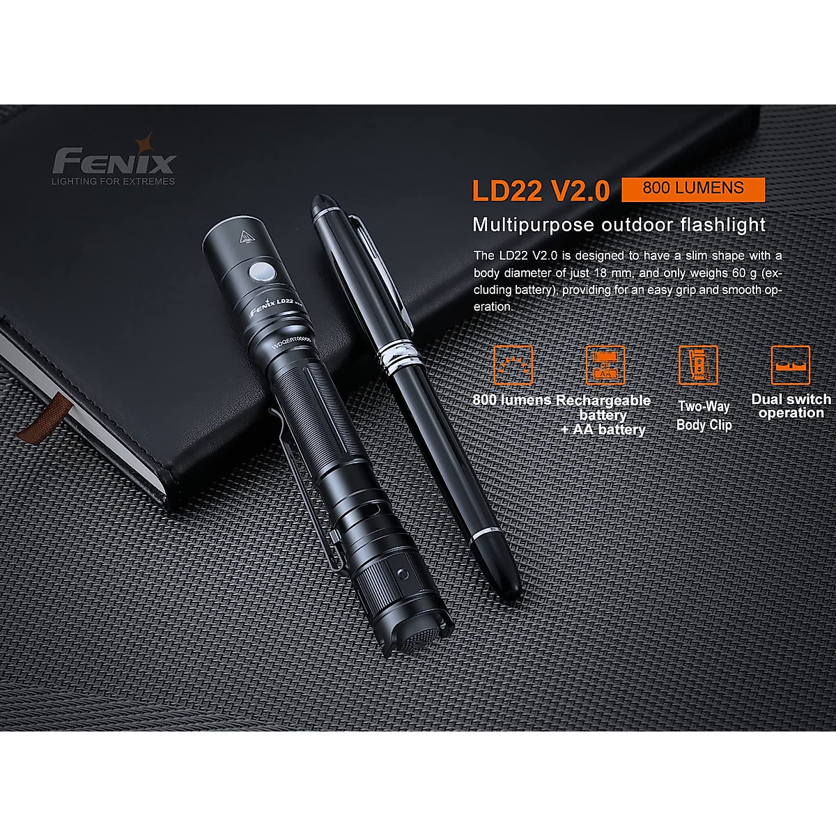 Fenix LD22 v2.0 AA Flashlight, 800 Lumen Rechargeable Penlight for EDC, Compatible with 2X AA Batteries with LumenTac Battery Organizer