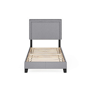 Furinno Laval Double Row Nail Head Upholstered Platform Bed Frame, Twin, Glacier