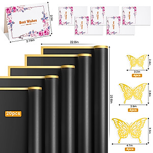 XIRTAIOV 20 Sheets Flower Wrapping Paper, Waterproof Floral Bouquet Wrapping Paper with 3D Butterflies and Greeting Cards, Florist Supplies Packaging Paper for Wedding Birthday Gift DIY (Black)