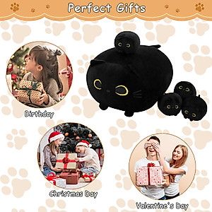 TOYSYM Black Cat Stuffed Animal Mommy Cat Plush Toys with 4 Squishy Baby in Her Tummy Soft Cute Hugging Pillows for Boys and Girls