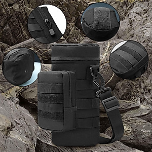 Molle Water Bottle Pouch, Tactical Black Water Holder Carrier with Pocket Stap for Hiking Camping