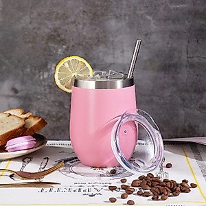 FristChoice 12 oz Insulated Wine Tumbler with Lid and Straw,Stainless Steel Stemless Wine Tumbler Glasses Double Wall Vacuum Wine Cups Tumbler Bulk for Coffee,Champaign,Cocktail,Office（Pink,1）