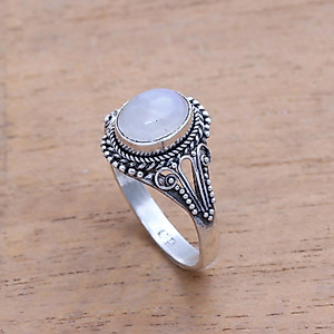 NOVICA Artisan Handmade Rainbow Moonstone Singlestone Ring from Bali .925 Sterling Silver Indonesia Gemstone 'Princess Gem'