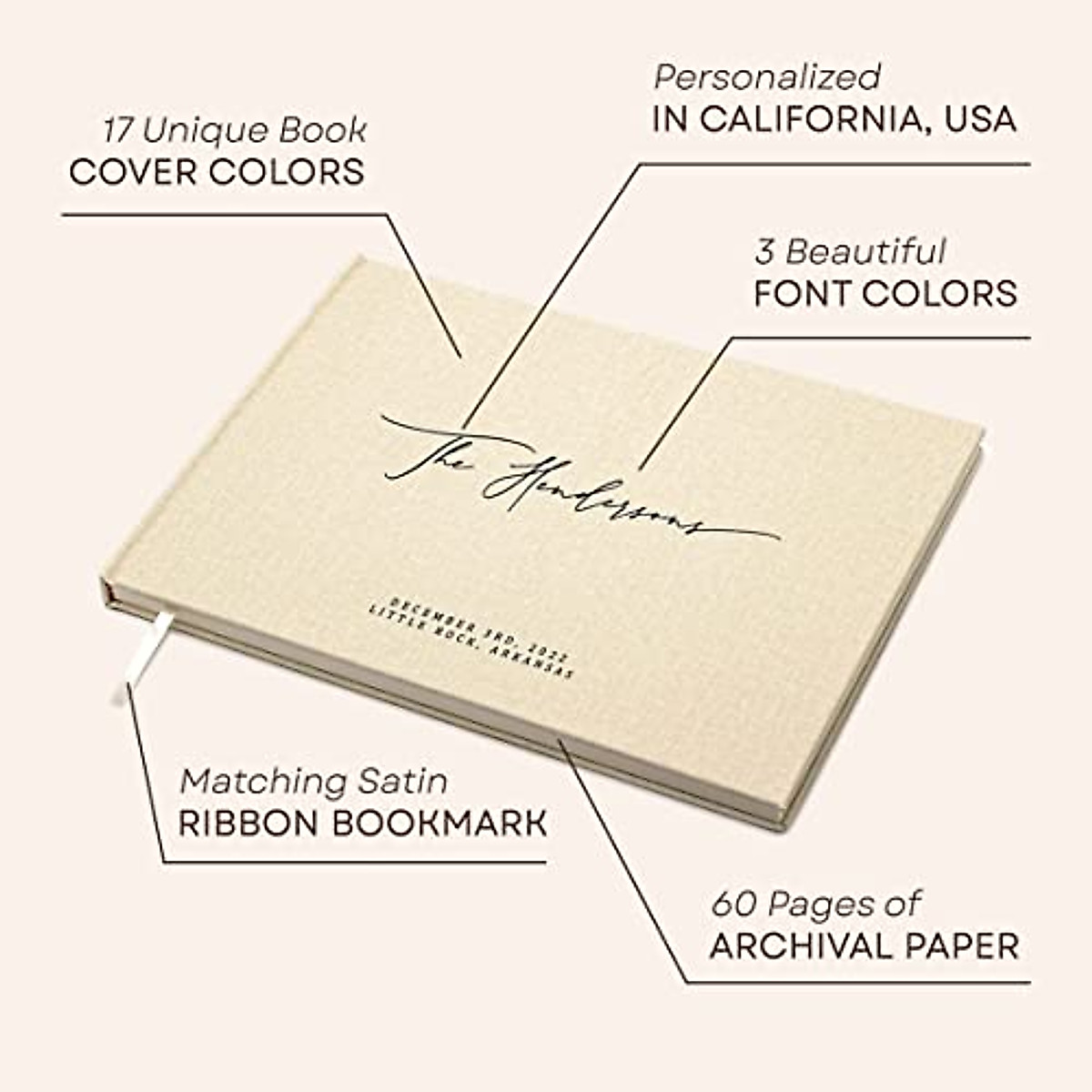 MUUJEE Personalized Guestbook in Cream - Premium Custom Modern Guest Book for Wedding Reception, Birthday Party or Events w/Bookmark Blank Pages for Signing 11.5 x 8.5 inches