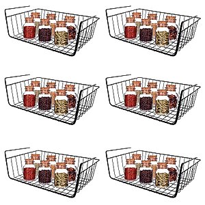 HOMOKUS Under Shelf Baskets for Storage, Under Shelf Wire Basket Carbon Steel Basket Under Cabinet Shelf, Welding Joints, Baking Finish, Easy to Install without Holes, 6 PCS, Black