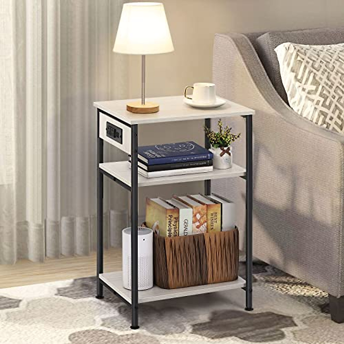 MOOACE Nightstand with Charging Station, Side End Table with USB Ports and Outlets, 3 Tier Side Table with Storage Shelf Modern Bedside Table for Bedroom Living Room, Grey