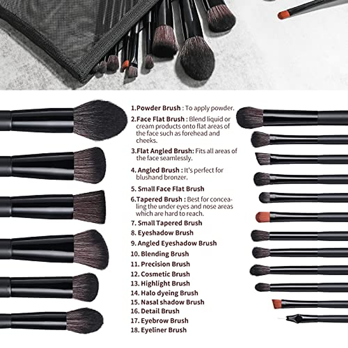 BS-MALL Makeup Brush Set 18 Pcs Premium Synthetic Foundation Powder Concealers Eye shadows Blush Makeup Brushes with black Bag (Black)