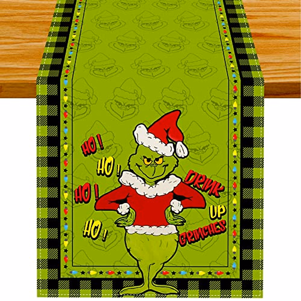FARMNALL Linen Green Christmas Table Runner Merry Grinchmas Tablecloth Christmas Xmas Winter Holiday Home Kitchen Table Decorations 13x72 Inch