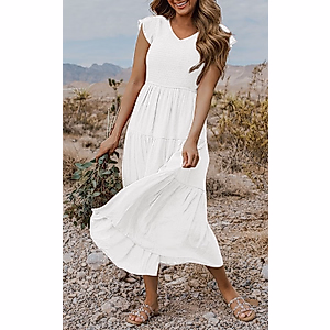 MEROKEETY Women's 2025 Summer Smocked V Neck Tiered Swing Long Midi Dress with Pockets, White, M