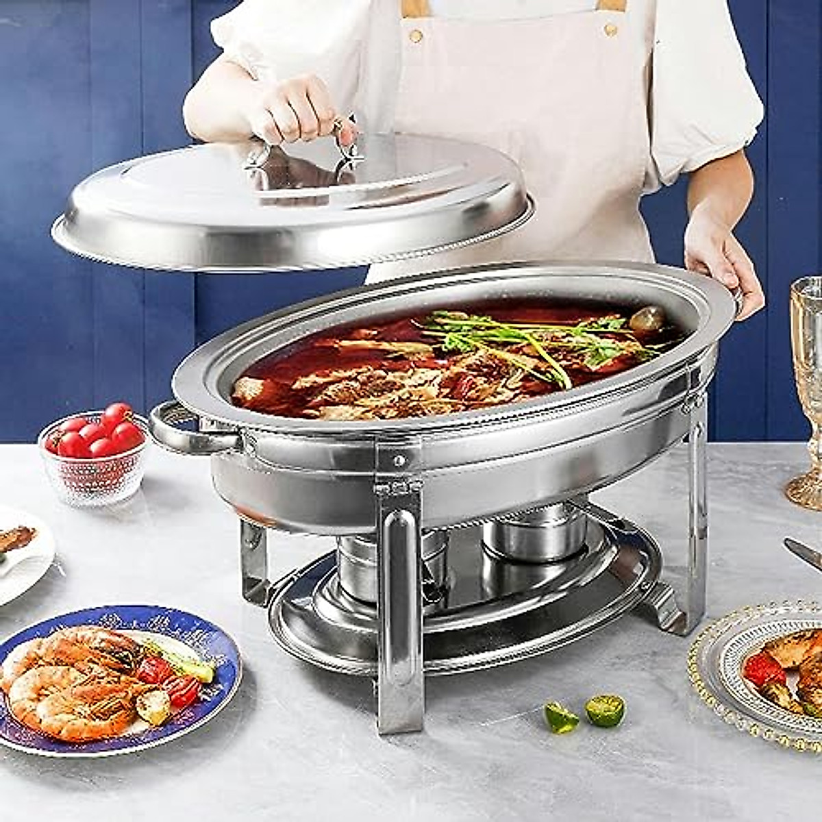 Oval Chafing Dish Set, Stainless Steel Food Warmer for Caterings Banquet Parties, Buffet Server Warming Tray with Water Pans and Fuel Holders