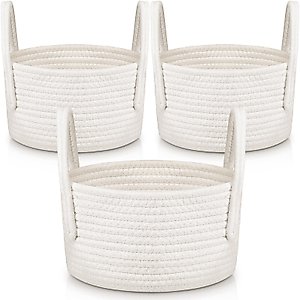 FillTouch 3 Pack Small Cotton Rope Storage Basket Baby Woven Nursery Baskets with Handles Cute Soft Laundry Baskets Organizer for Gifts Empty Room Shelf Storage Basket All 9.5 x 9.5 x 5.5, White