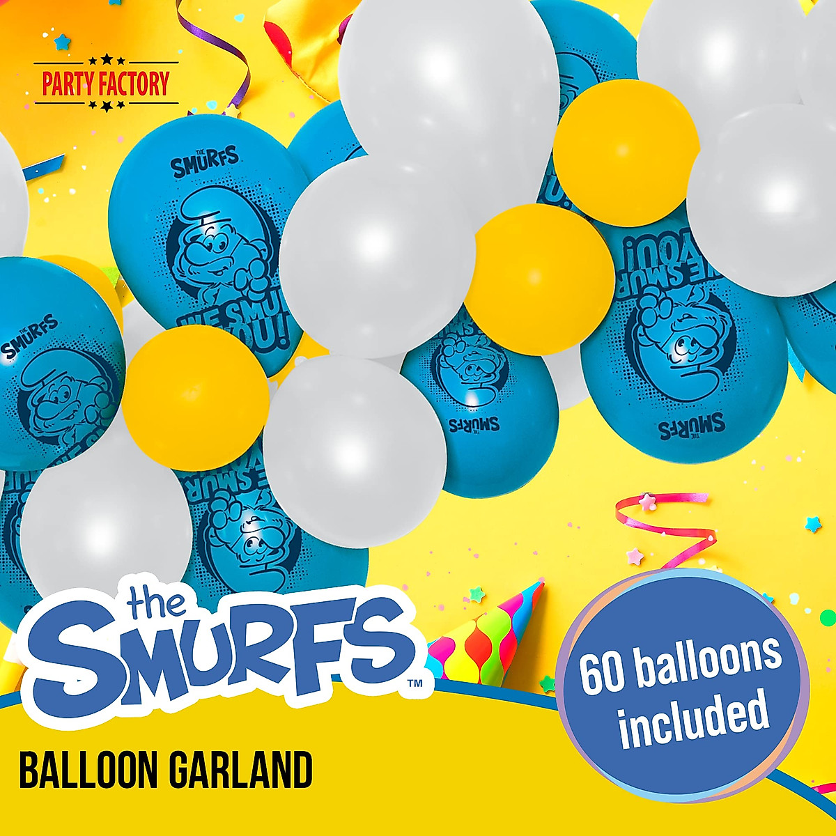 Party Factory `Smurfs' balloon garland of 60 white, blue and yellow latex balloons, 9.8 and 4.7 inch, 157.4 inch balloon ribbon included