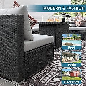 NICESOUL 10 Piece Modern Outdoor Patio Furniture Set with Firepit Natural Gas Propane Convertible, 29.3'' High Back Extra Large Size Wicker Conversation, Deep Wide Comfortable Couch for Outside, Grey