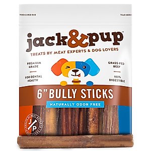 Jack&Pup 6-inch Premium Odor Free Bully Sticks Dog Treats – 6” All Natural Gourmet Dog Treat Chews – Fresh and Savory Beef Flavor – 30% Longer Lasting (6-Inch Thick Bully Sticks -12 Pack)