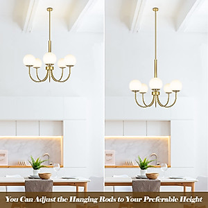 Yolsunes 5-Light Gold Chandelier, Globe Modern Sputnik Light Fixture with Frosted Glass, Vintage Semi-Flush Mount Ceiling Light for Dining Room, Large Pendant Lighting for Kitchen Living Room Bedroom