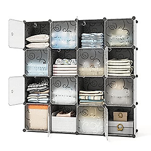 Cube Storage Organizer, 16-Cube Closet Organizer with Doors, 12" × 12" Modular Storage Book Shelves, Plastic Stackable Cubes Cabinet Wardrobe for Bedroom, Home, Black (4 × 4 Cubes)