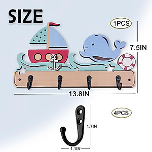 Midrean Cute Wooden Kids Nursery Coat Rack Colorful Wall Mount Hooks -13.7" Long for Children's Room Hanging Towels Hook