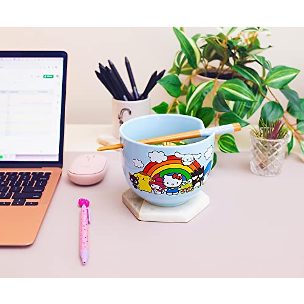 Toynk Sanrio Hello Kitty and Friends Rainbow Ceramic Ramen Bowl and Chopstick Set