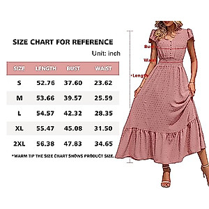 PRETTYGARDEN Womens Summer Flowy Boho Maxi Dress Short Sleeve Swiss Dot Long Dress V Neck Smocked Waist Beach Party Sundress (Pink, Large)
