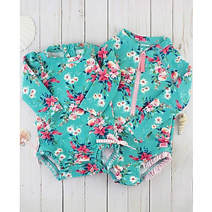 RuffleButts Baby Girls UPF 50+ Sun Protection Floral Printed Long Sleeve One Piece Rash Guard Swimsuit with Zipper - Fancy Me Floral, 2T