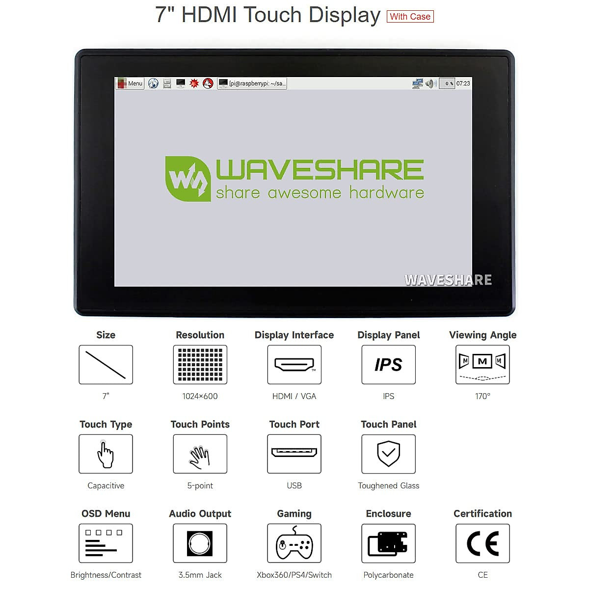 [Latest Version] Waveshare 7inch Capacitive Touch Screen LCD Monitor for Raspberry Pi 5 RPi 400 4 3 Model B Compatible with All Versions of Raspberry Pi Windows with HDMI/VGA Port with Case