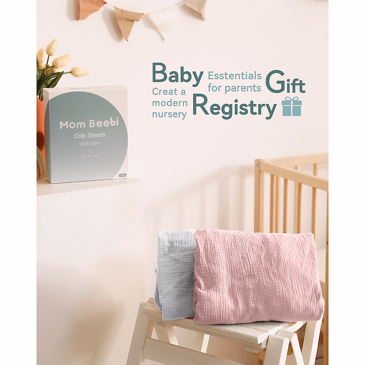 Muslin Crib Sheets, 100% Cotton Baby Crib Sheets for Standard Crib Mattress & Toddler Bed Mattress (52"x 28"), Ultra Soft & Breathable Baby Sheets, 2 Pack