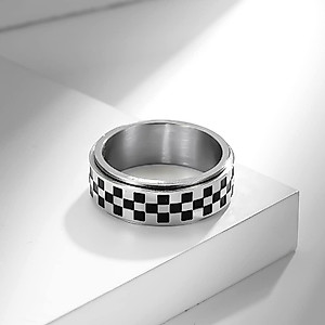 PAMTIER Rotatable Ring for Women Men Stainless Steel Racing Game Chessboard Anxiety Relief Silver Size 9